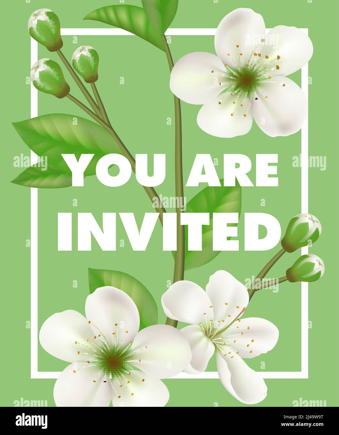 You are invited lettering with white flowers in frame on green ...