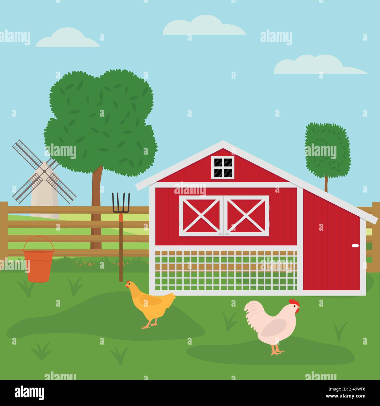 Chicken farm with chicken coop. Flat vector illustration Stock Vector ...