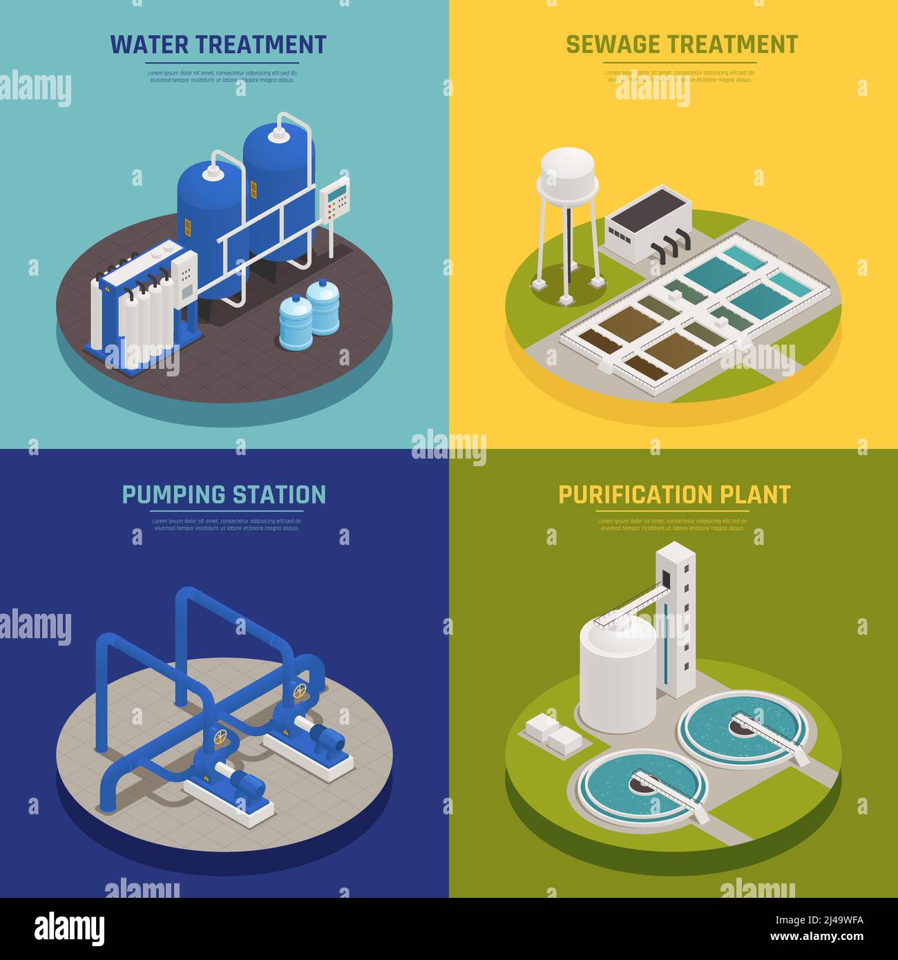 Water cleaning concept icons set with water treatment symbols isometric ...