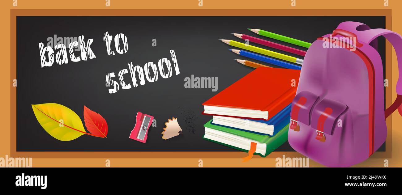 Back to school banner design with pencils, backpack, writing books ...