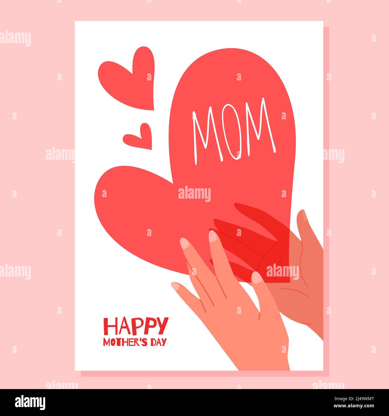 Happy Mothers day greeting card, hands holding cute red hearts with mom ...
