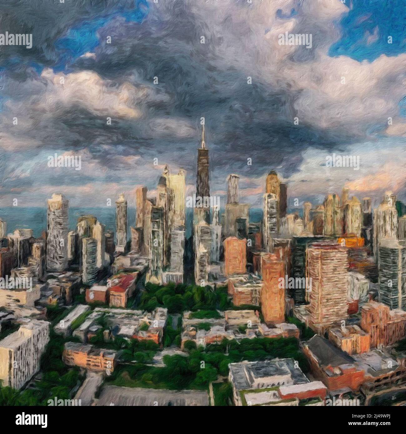 Real painting modern artistic artwork Chicago USA drawing in oil city ...