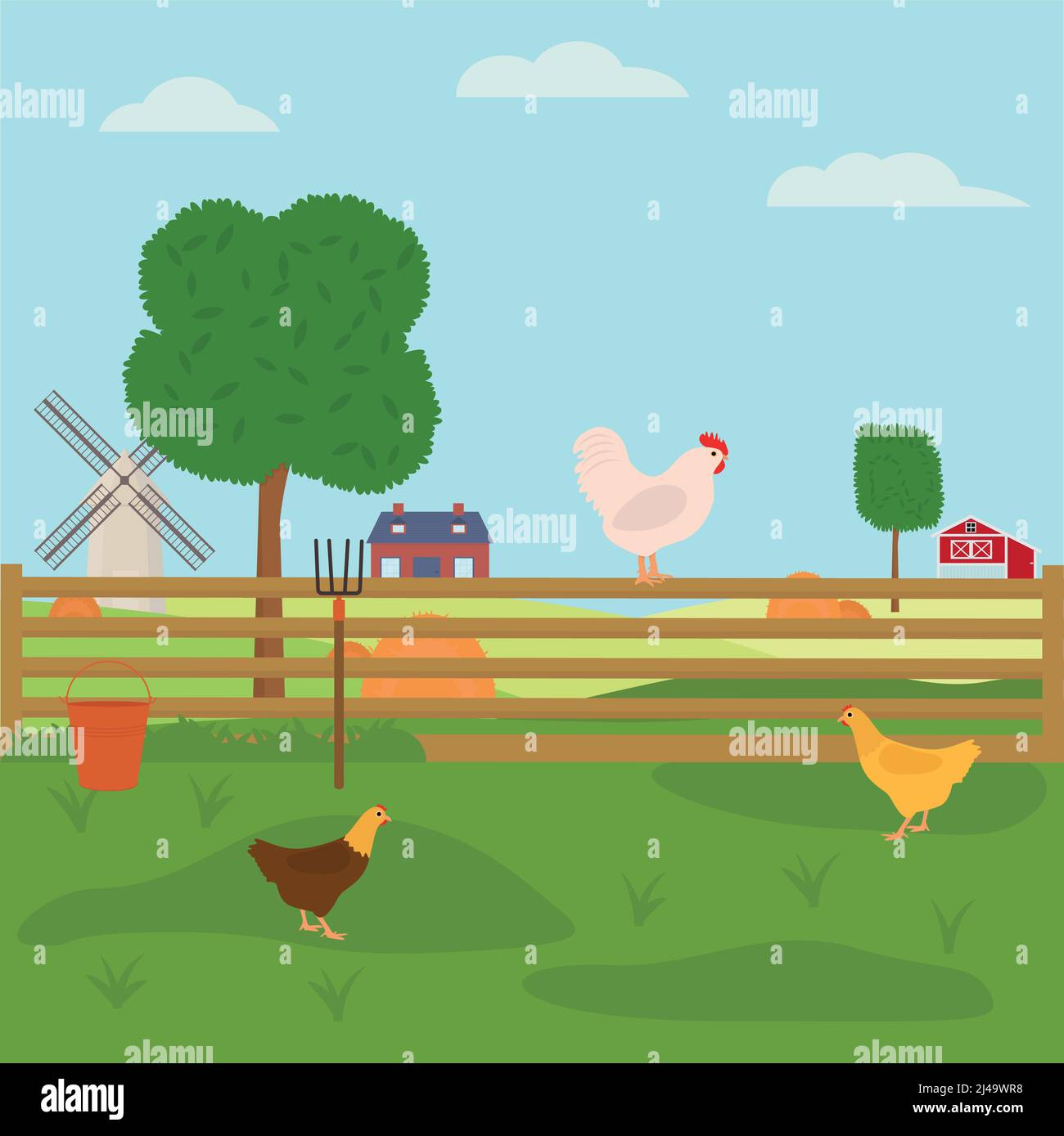 Chickens walking on the farm. Flat vector illustration Stock Vector ...