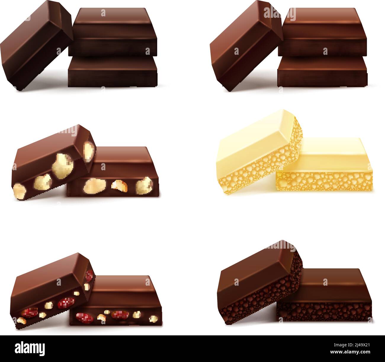 Chocolate pieces realistic set with isolated images of choc bits of ...