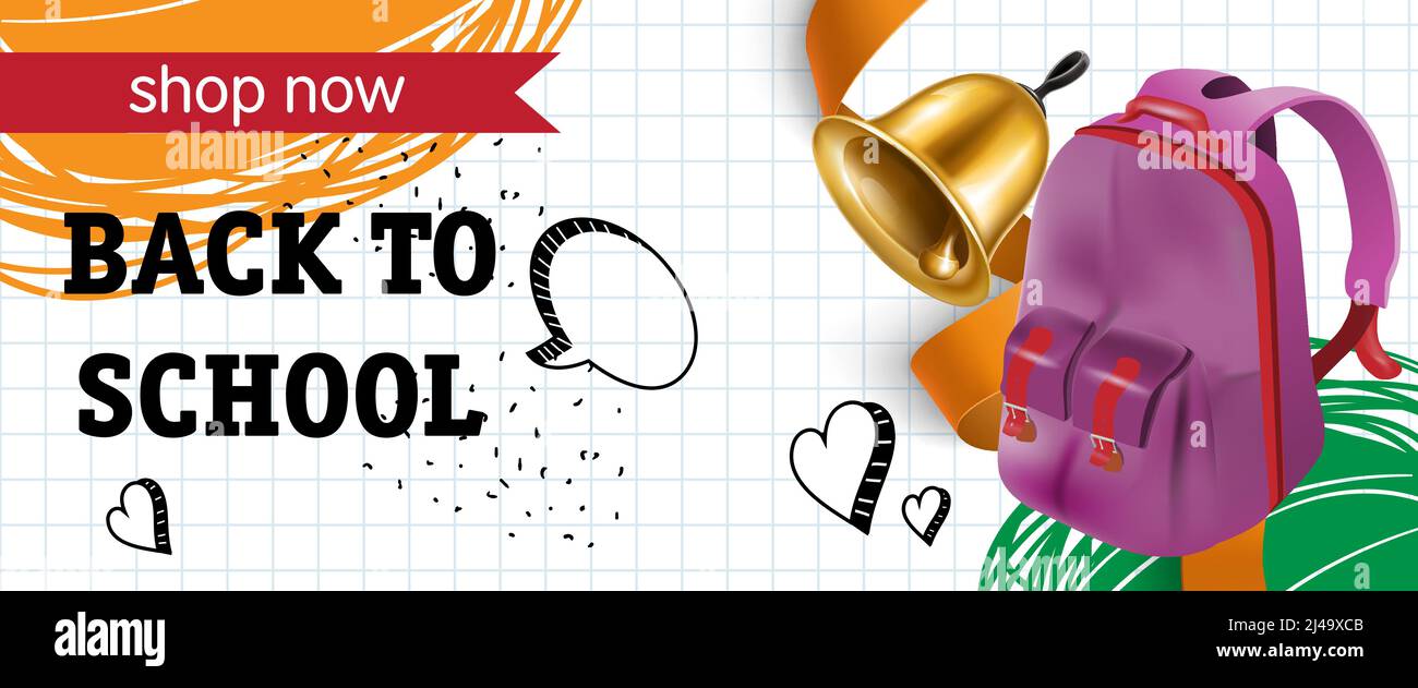 Back to school, shop now lettering with bell and backpack. Offer or ...