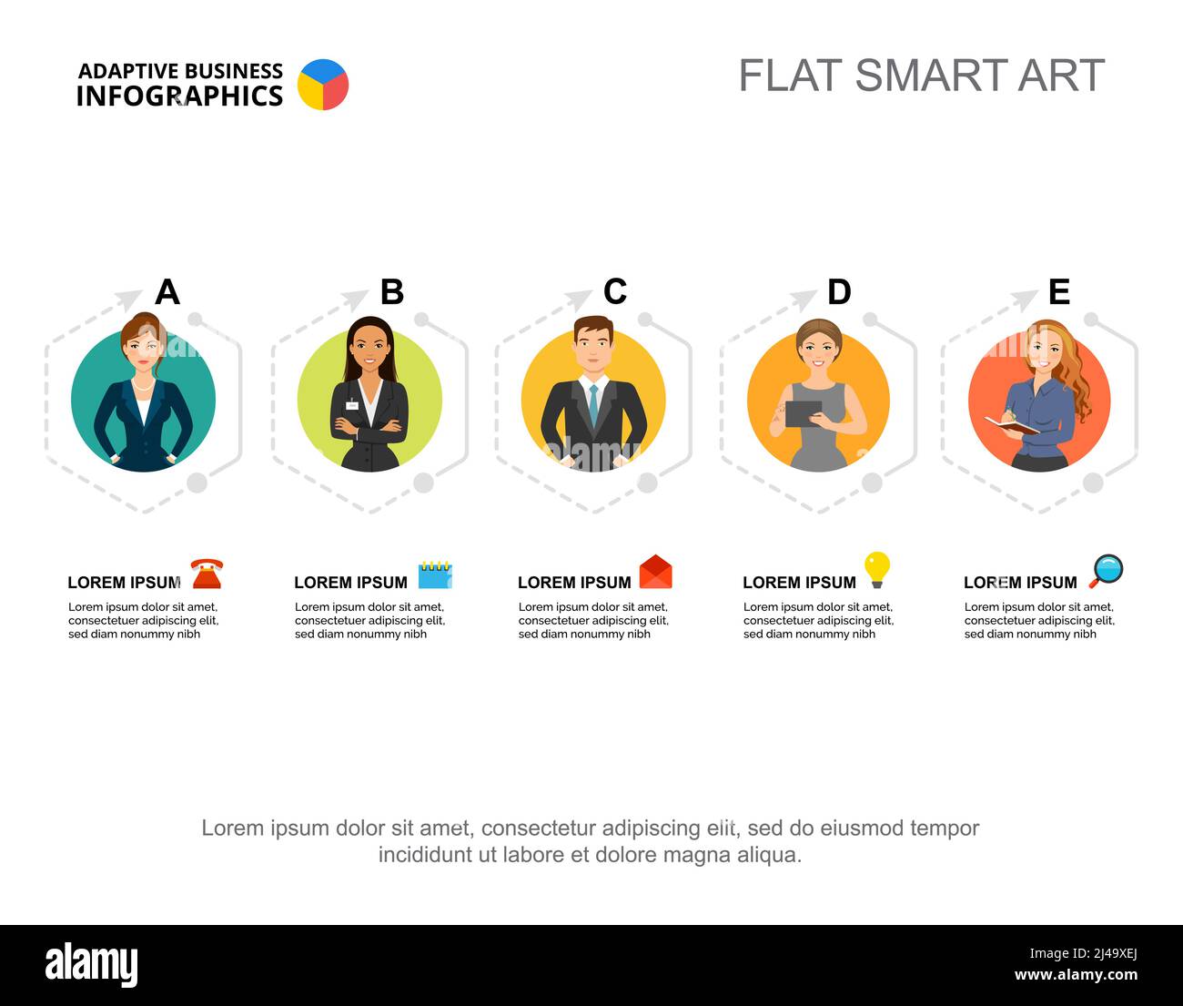 Five partners process chart template for presentation. Business data visualization. Cooperation ...