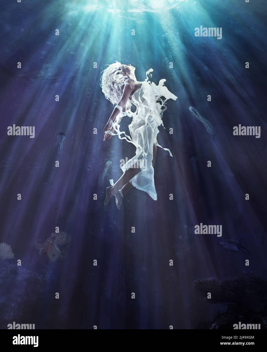 Swim towards the light.... Full-length shot of a young woman submerged ...