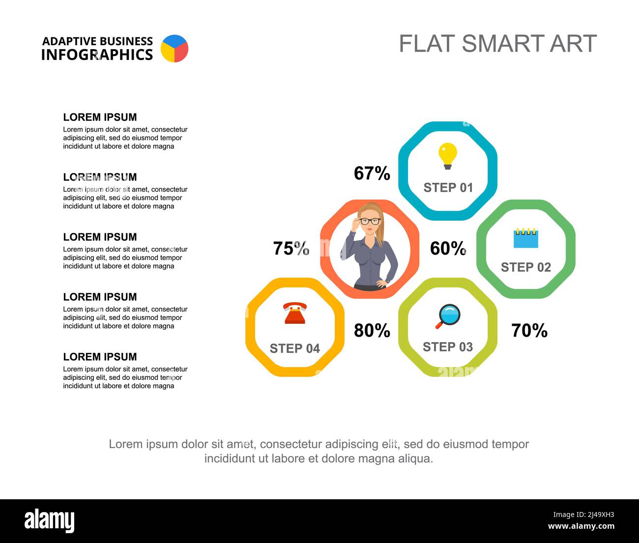 Five points list process chart template for presentation. Business data ...