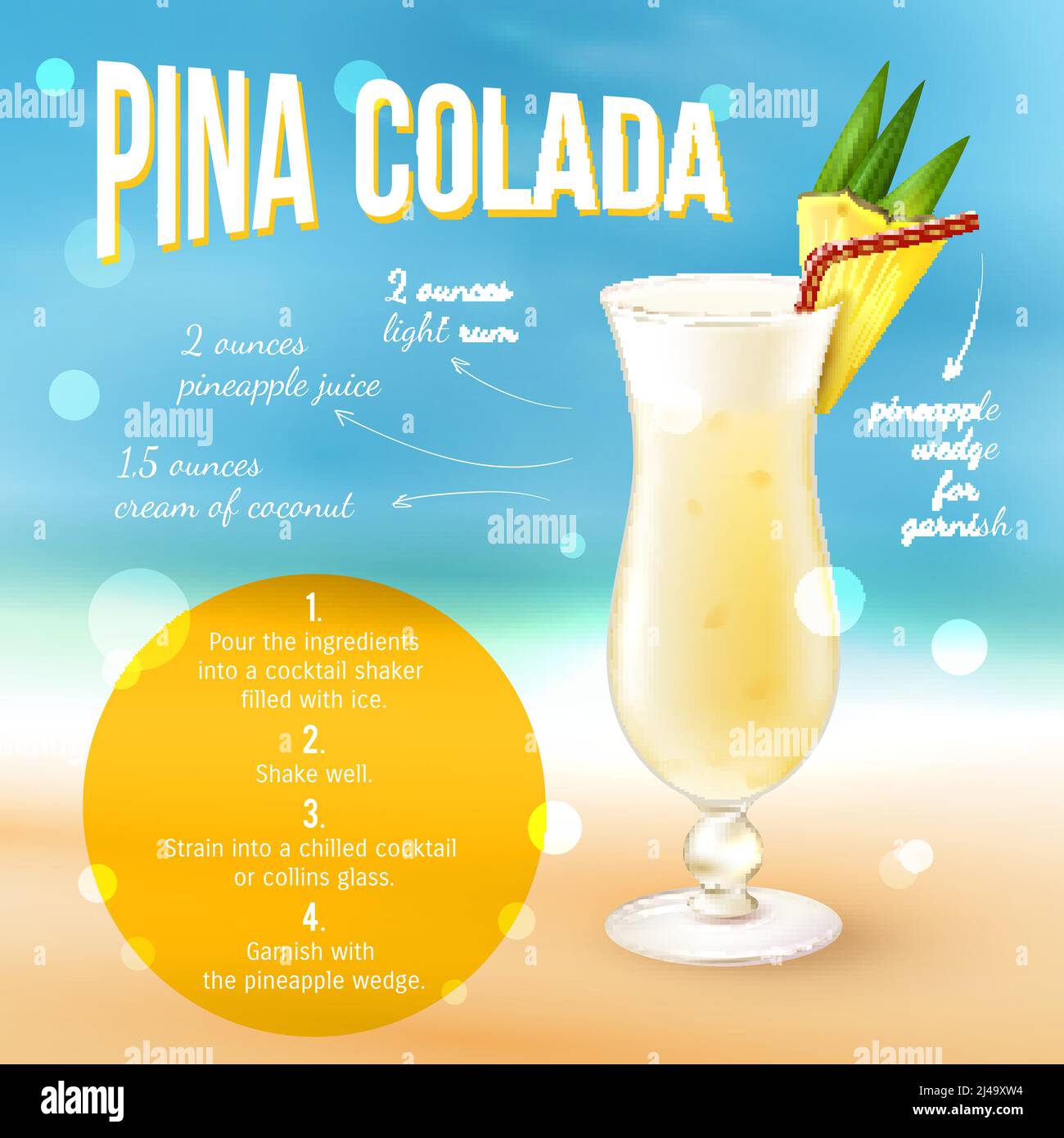 Pina colada cocktail recipe poster with drink in glass and indredients ...