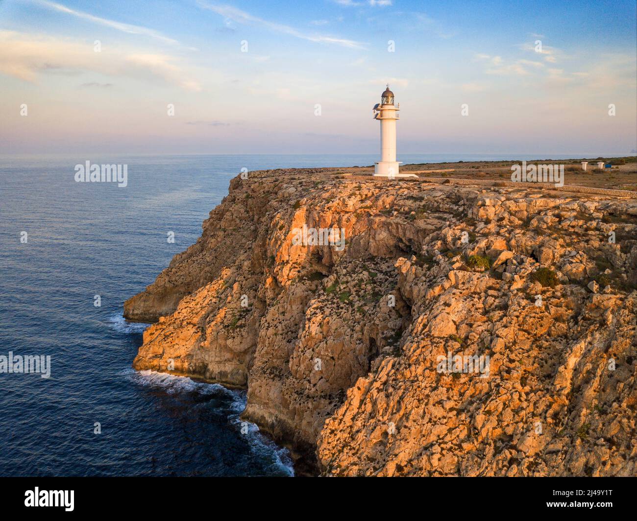 Aerial view of Cap de Barbaria lighthouse Cabo de Berbería, Formentera ...