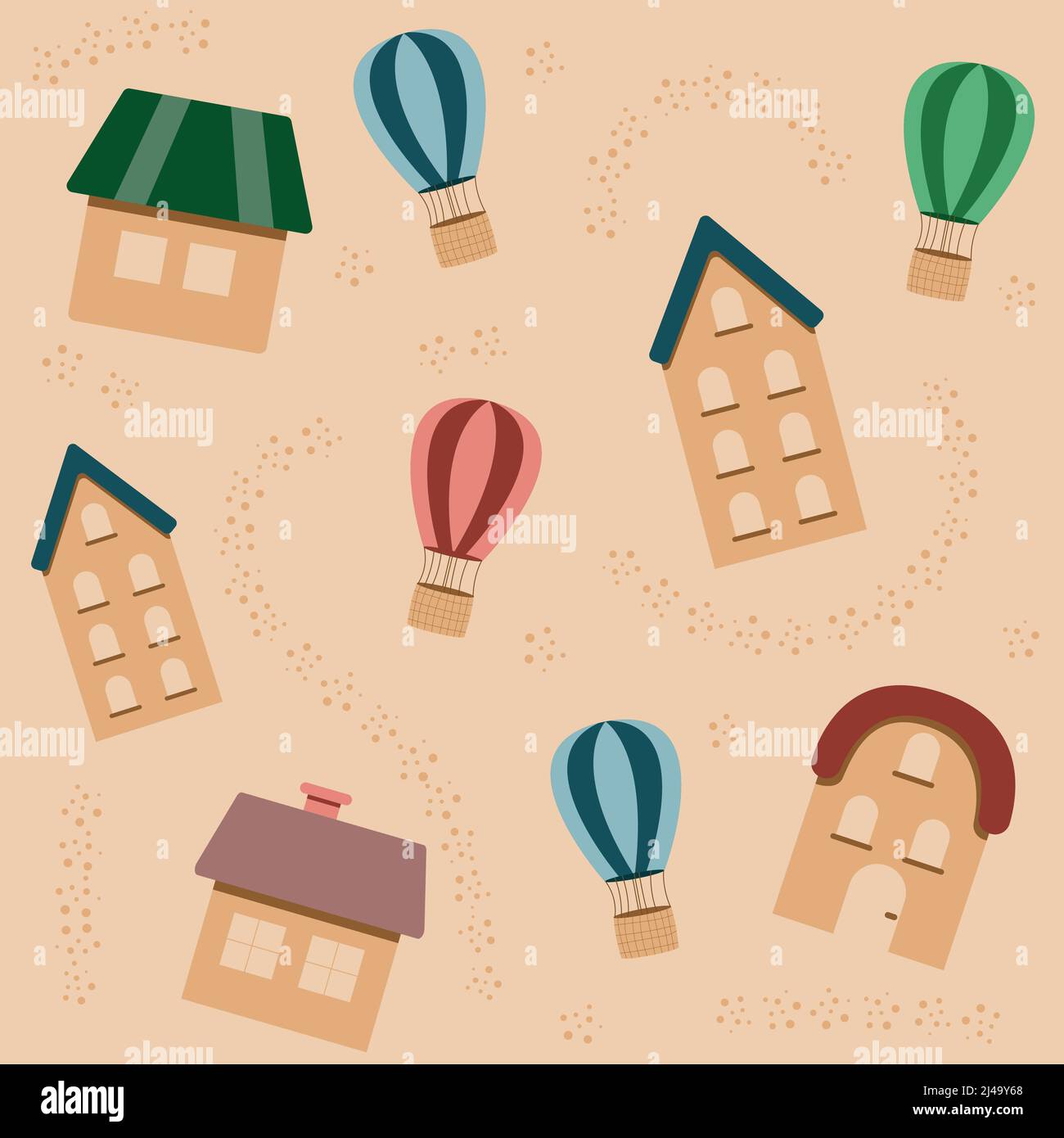 House seamless vector pattern. Cartoon houses with balloons Stock ...