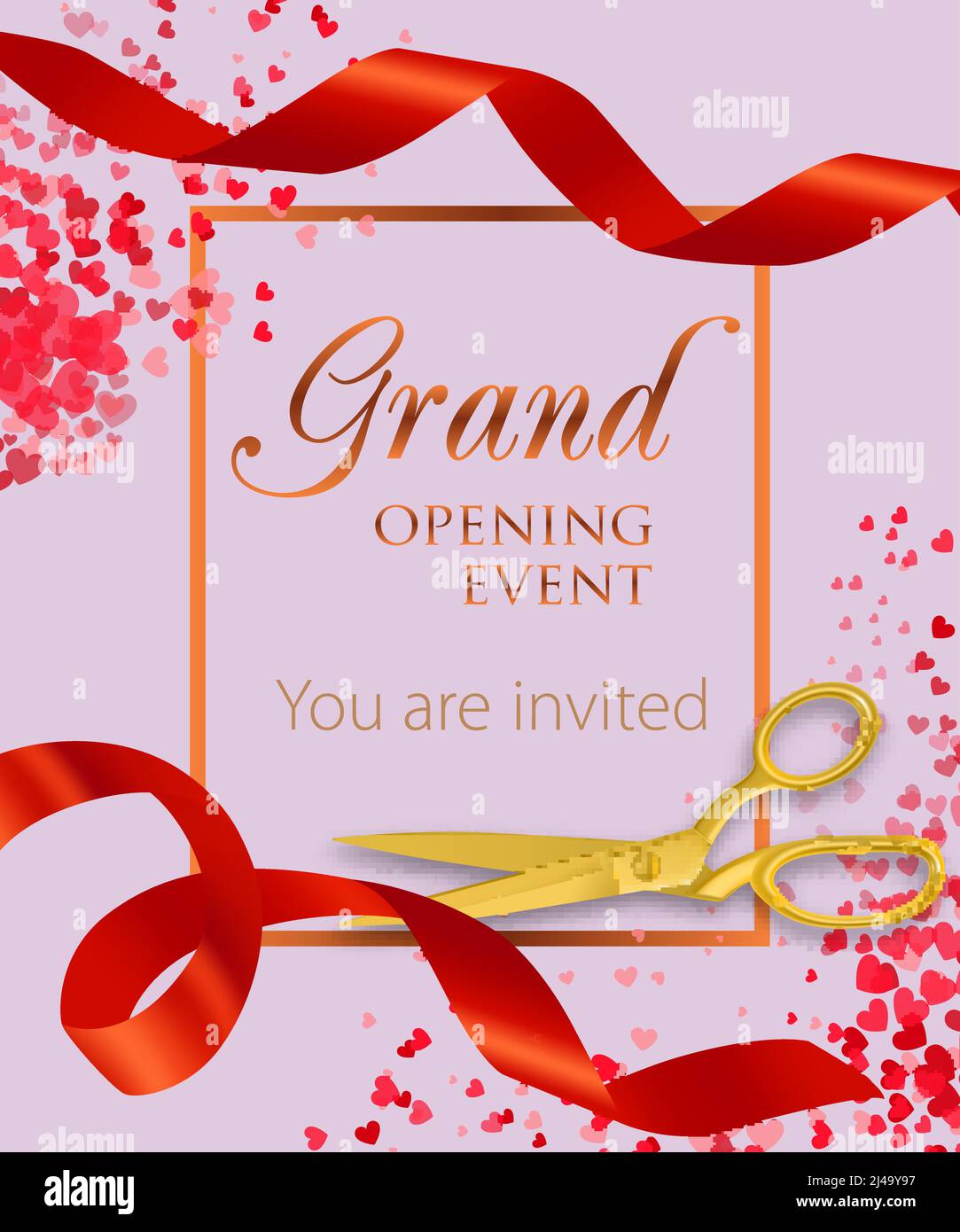 Grand opening event lettering with heart confetti and red ribbons ...