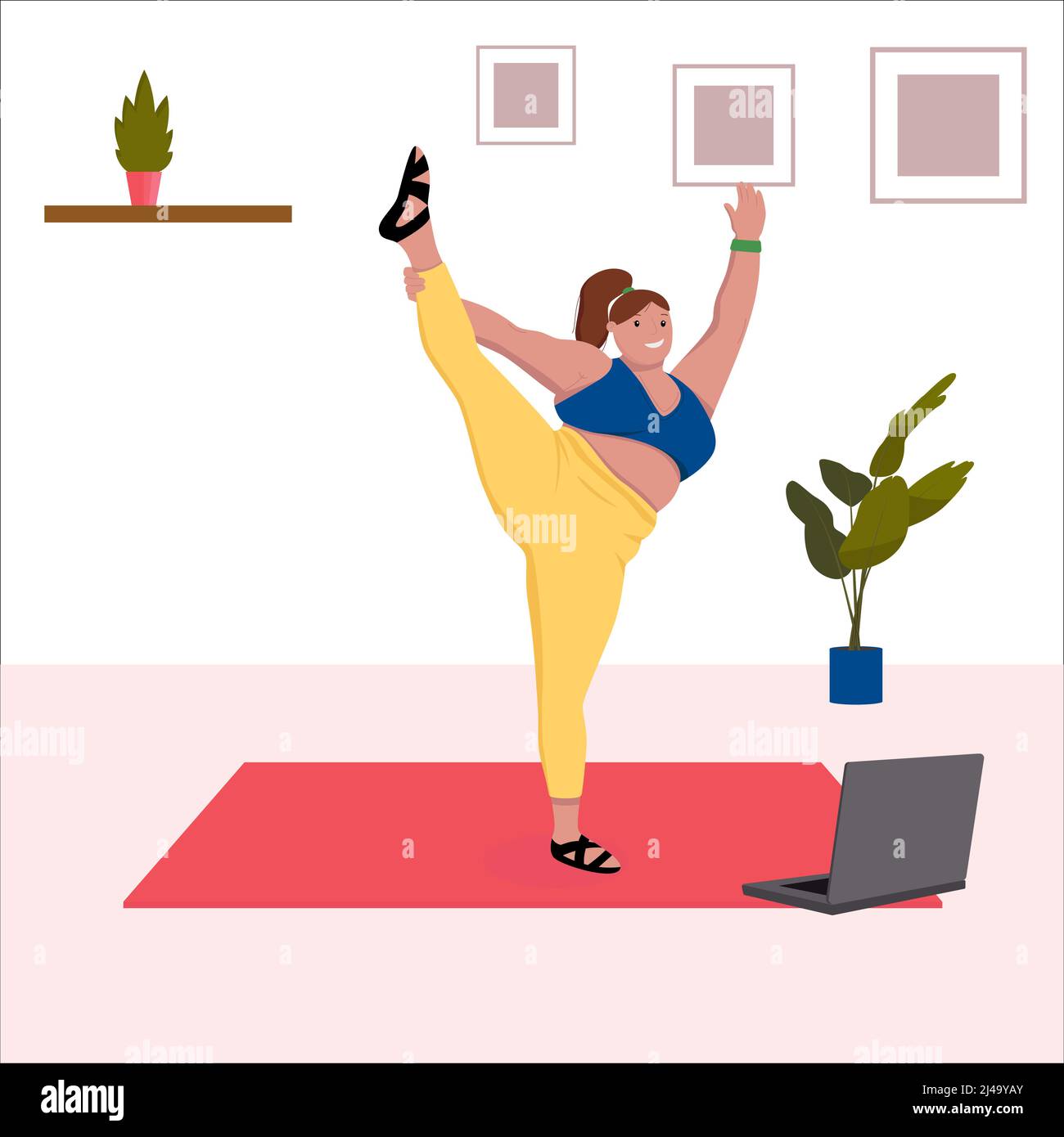 Plus size woman doing yoga. Online yoga. Flat vector illustration Stock ...