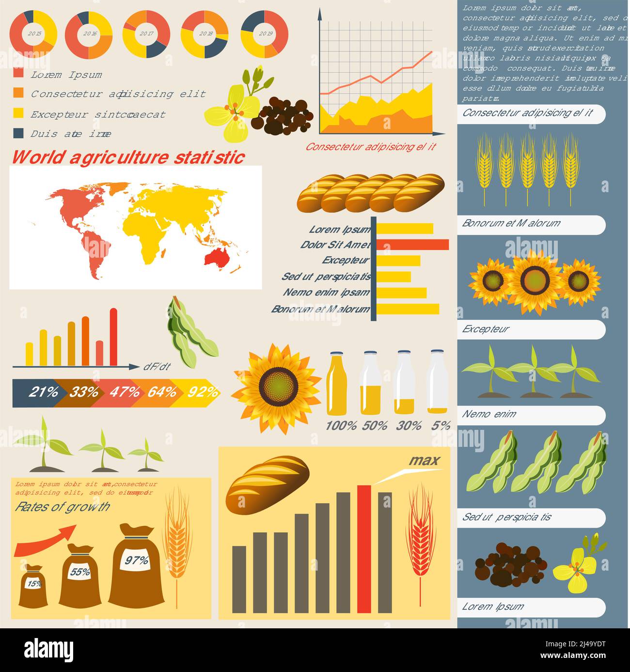 Agriculture farming organic food plant wheat sunflower charts and ...