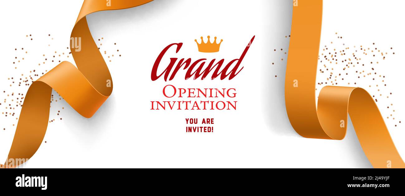 Grand opening invitation design with confetti, gold ribbons and crown ...