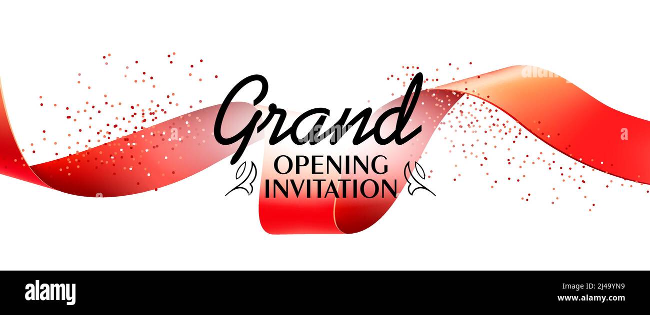 Grand opening invitation banner design with red ribbon and confetti ...