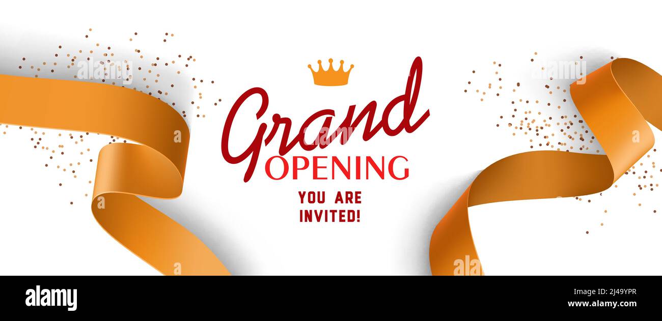 Grand opening invitation design with gold ribbons, crown and confetti ...