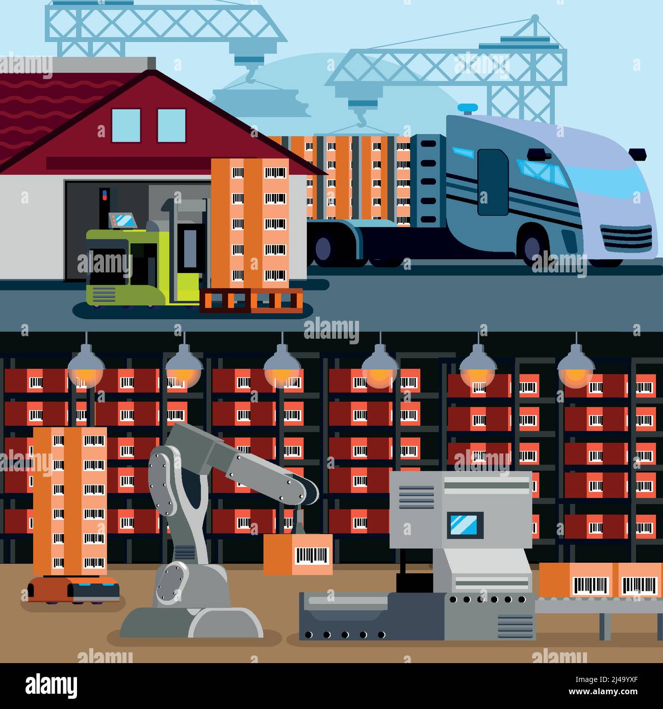 Automated warehouse inside and outside flat compositions with truck and ...