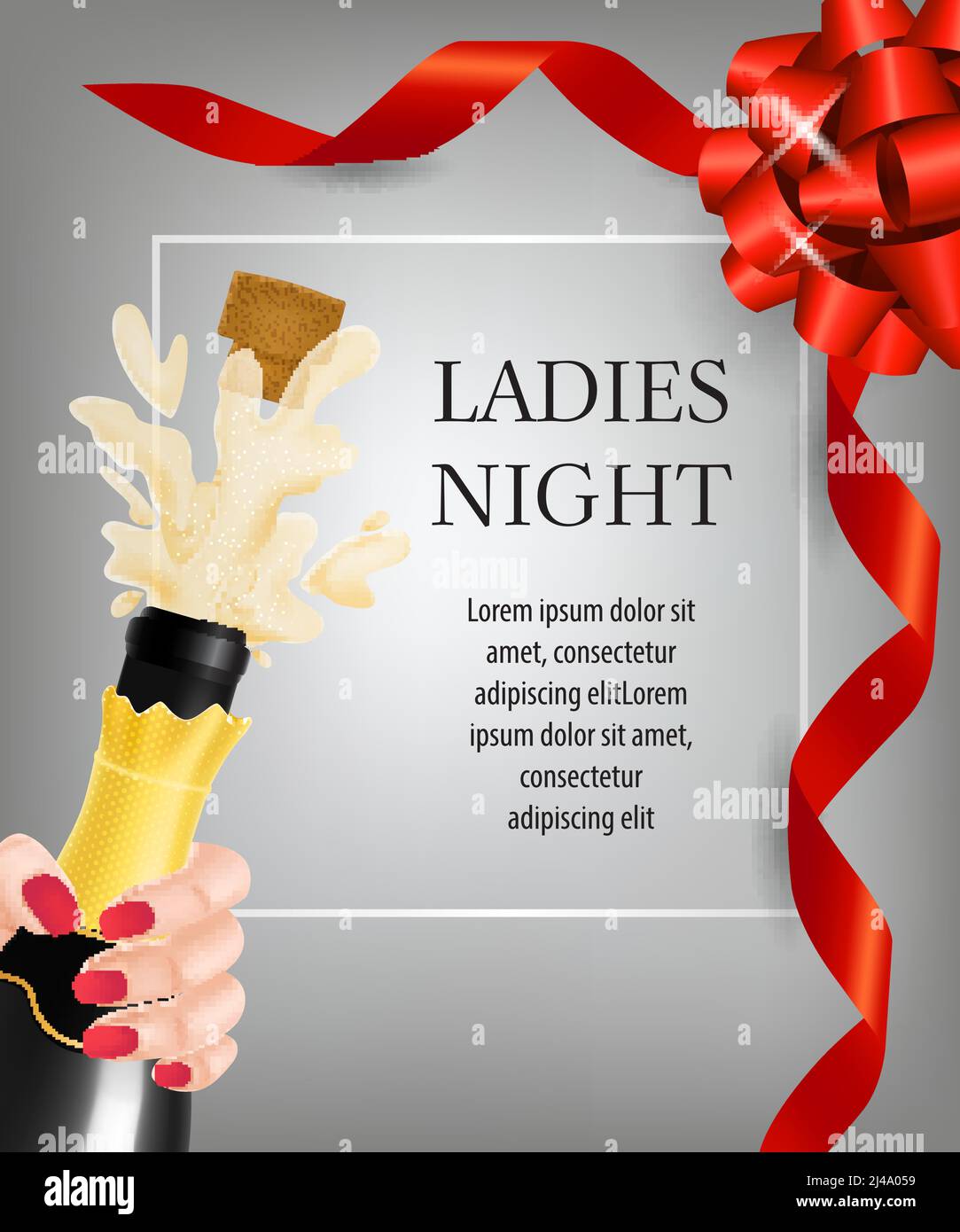 Ladies night lettering and champagne bottle explosion. Party invitation ...