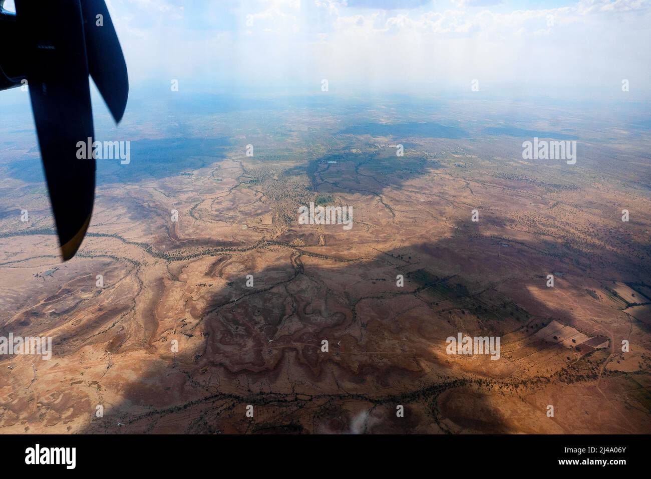 View of Thar desert from an aeroplane, Rajasthan, India. The propellers ...