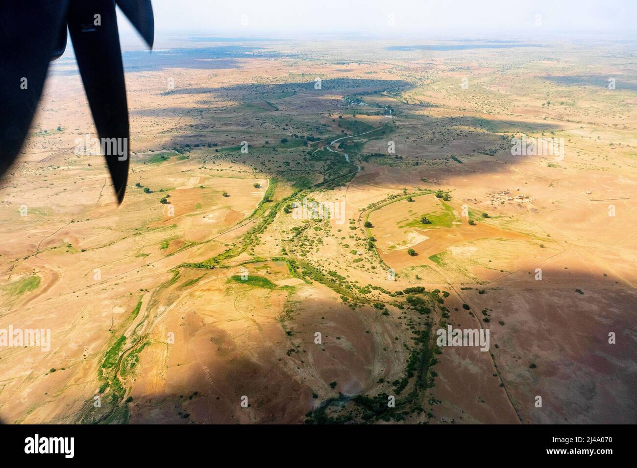 View of Thar desert from an aeroplane, Rajasthan, India. The propellers ...