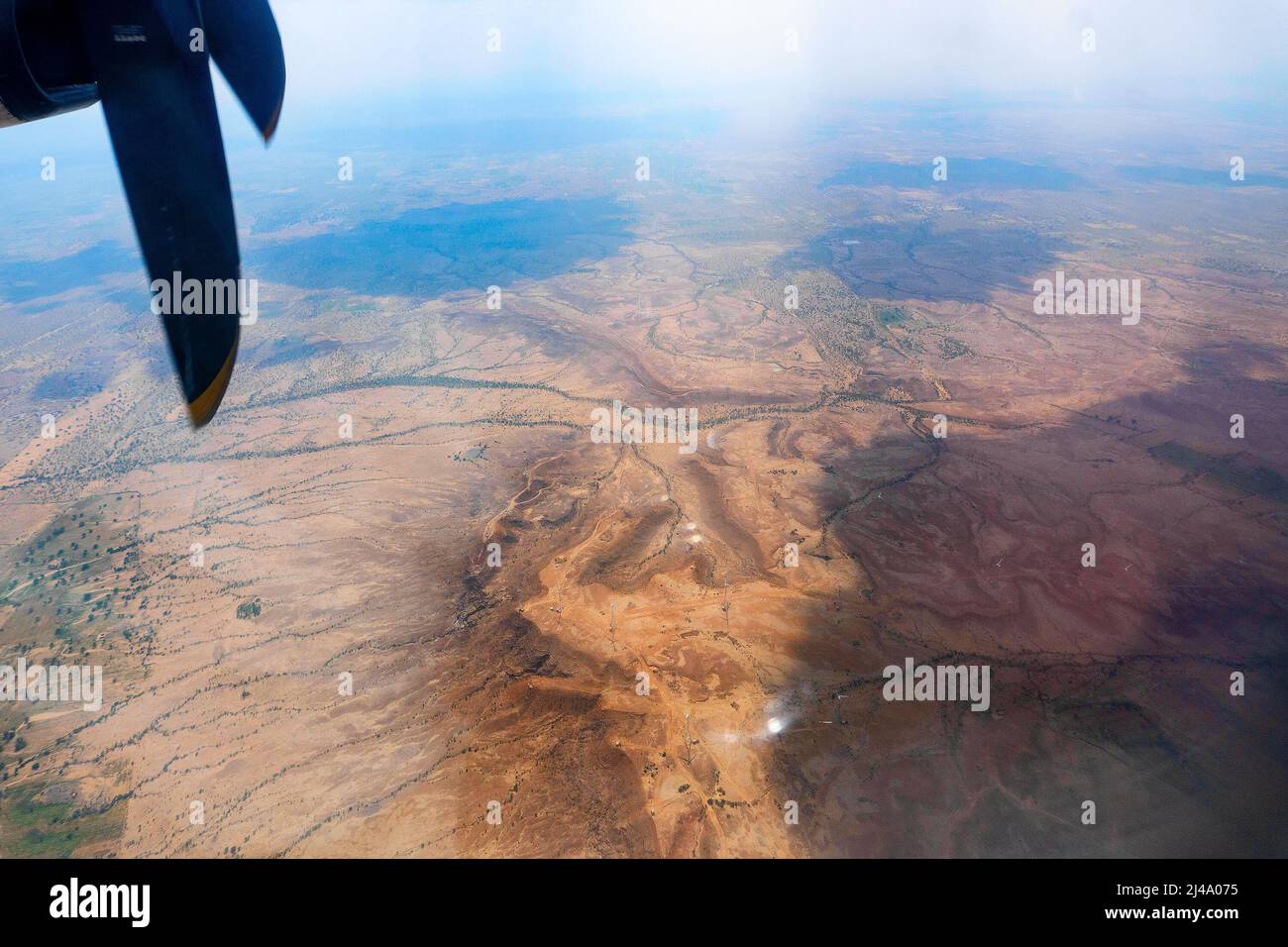 View of Thar desert from an aeroplane, Rajasthan, India. The propellers ...