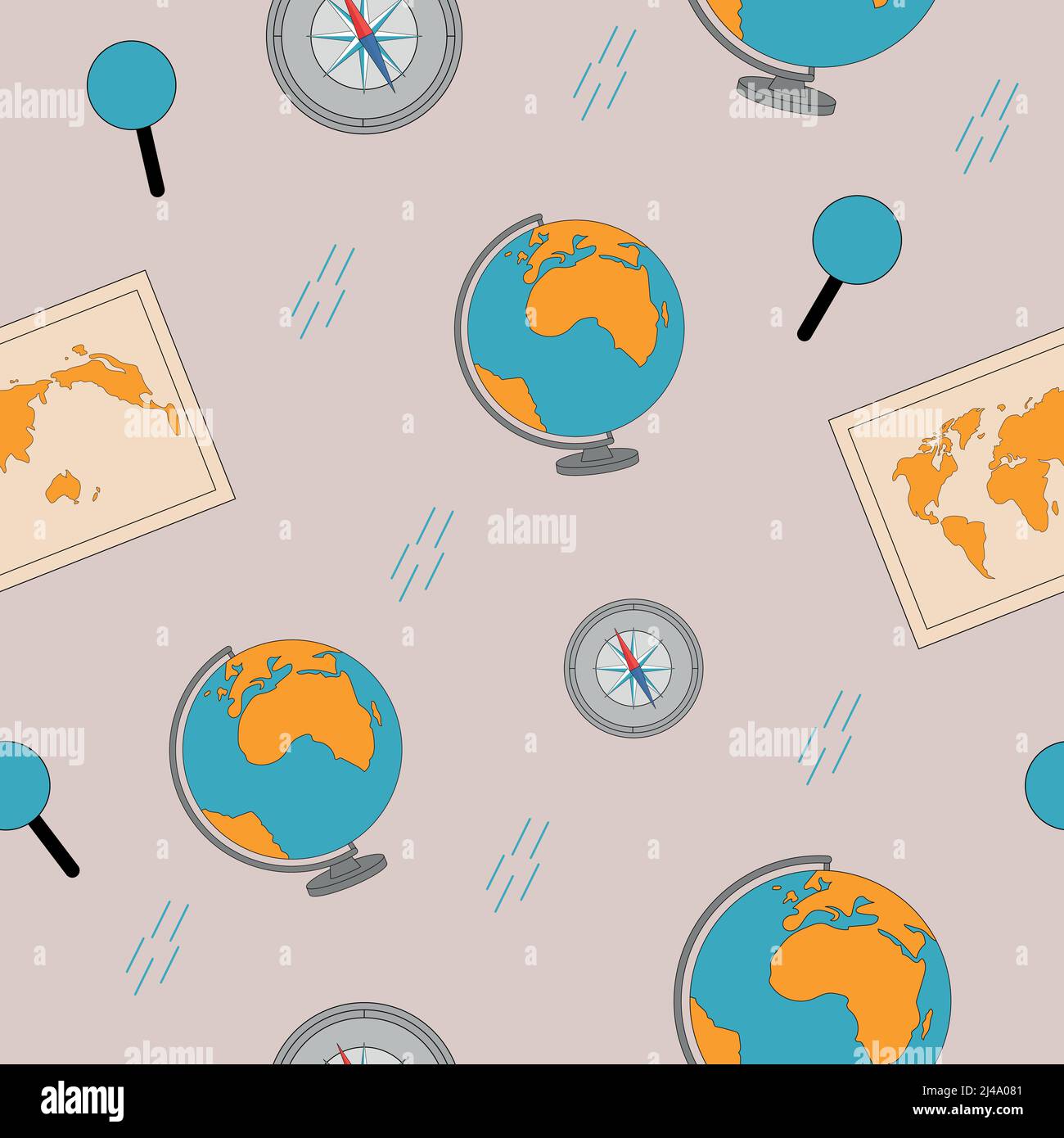 Geographic seamless pattern. Globe, magnifier, compass, world map Stock ...