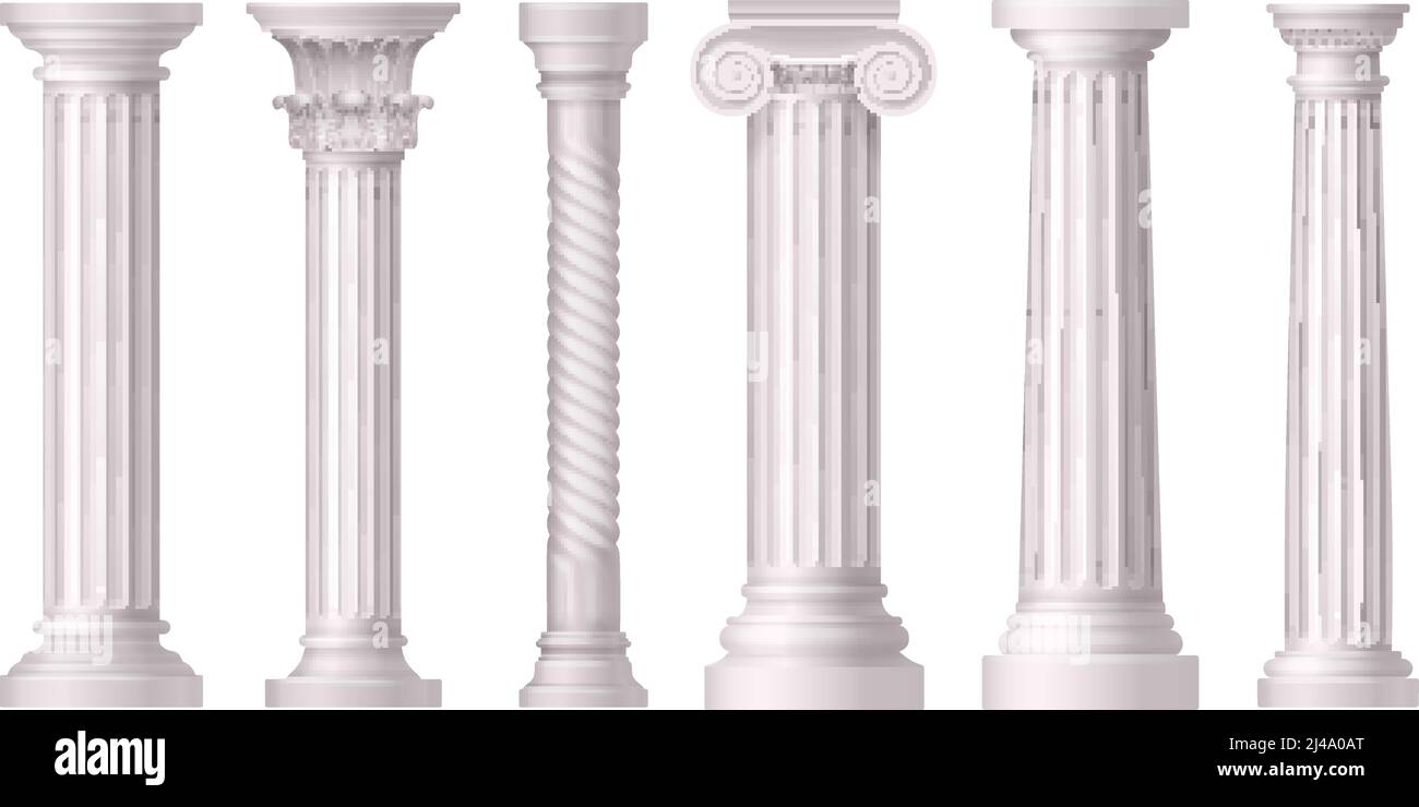 Antique white columns realistic icon set with different styles of greek ...