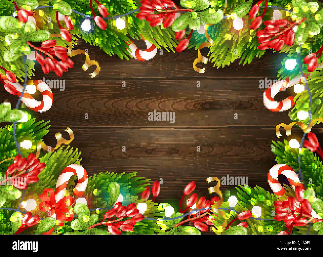 Bright christmas decorations with candies leaves and fairy lights on ...