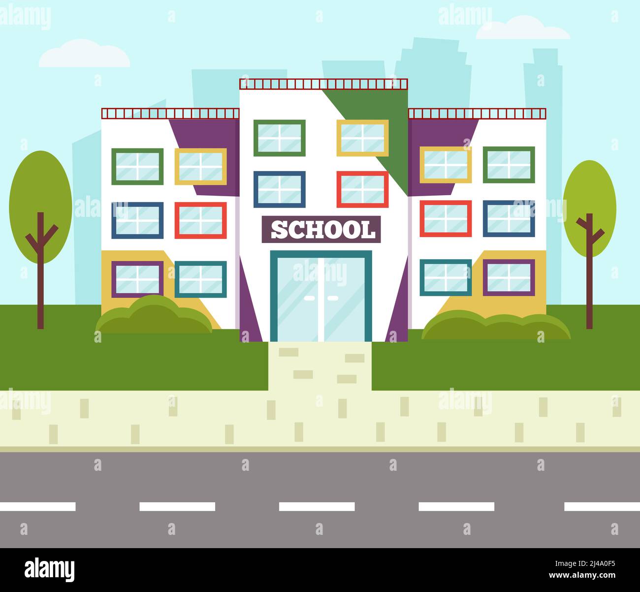 Colorful school building. Flat vector illustration cartoon style Stock ...