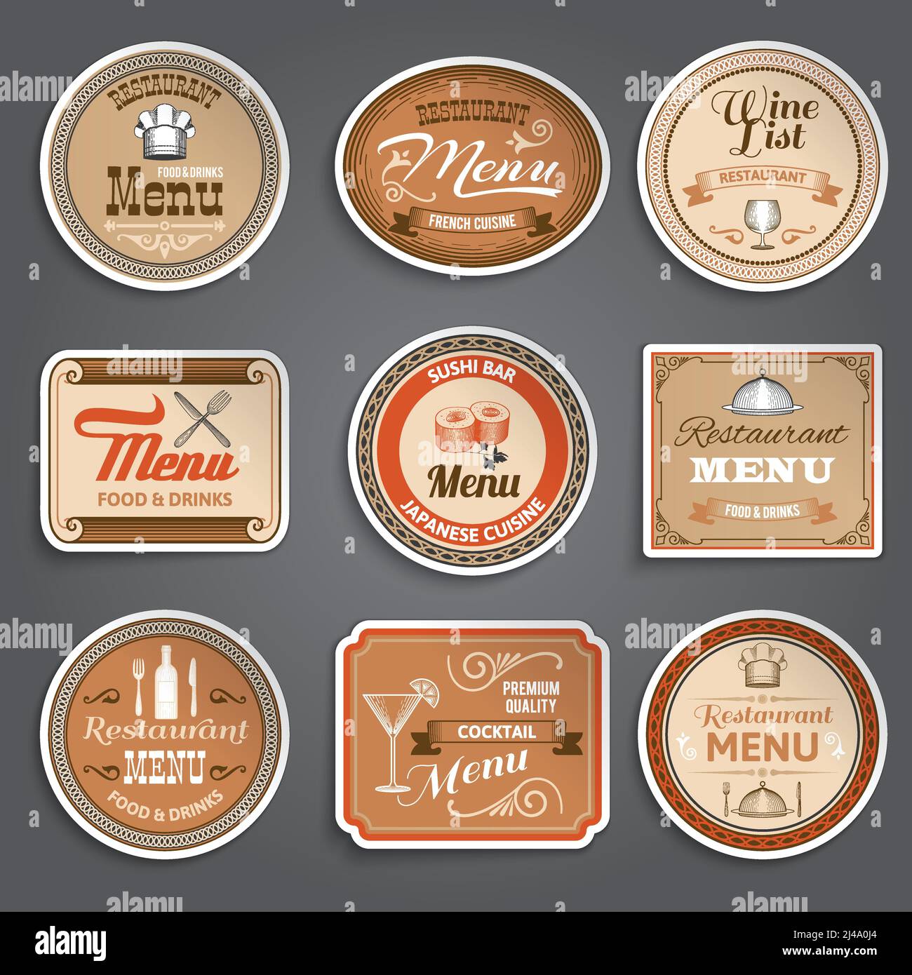 Vintage restaurant menu paper labels design template set isolated ...