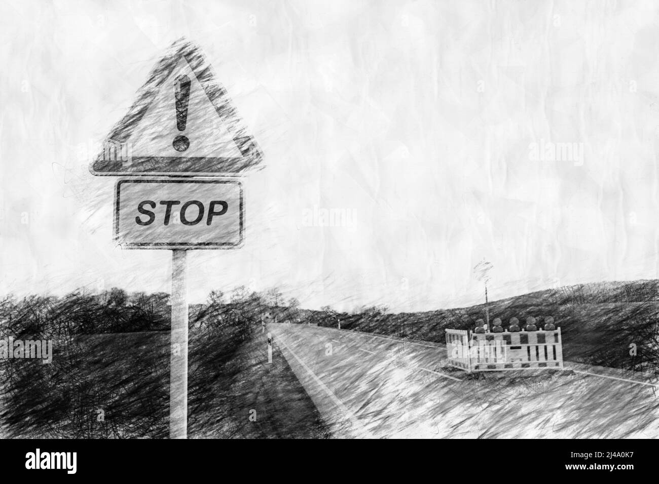 road block with street sign in pencil drawing style Stock Photo - Alamy