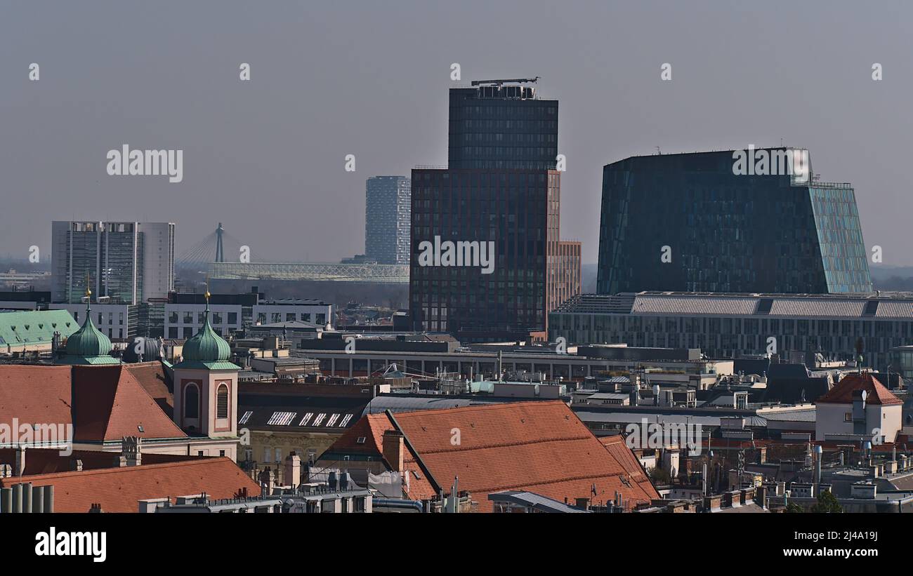 Aerial panoramic view over the northeast of the downtown of Vienna ...