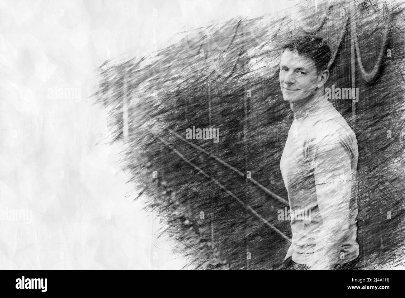 portrait of man standing outside at a fence in pencil drawing style ...