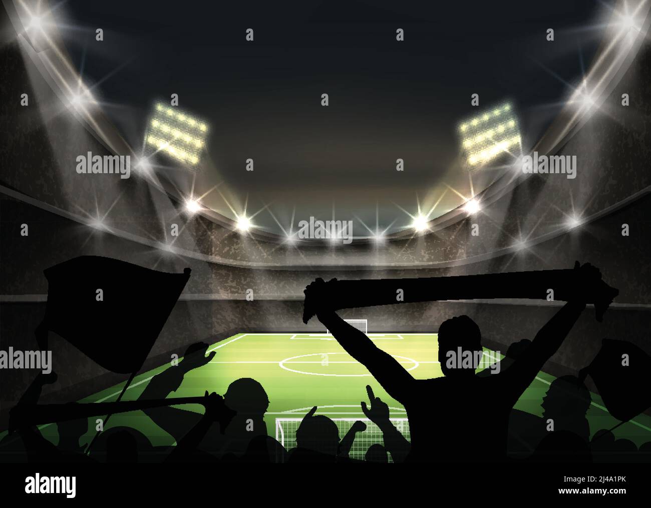 Vector illustration of stadium with bright spotlight illuminates green ...