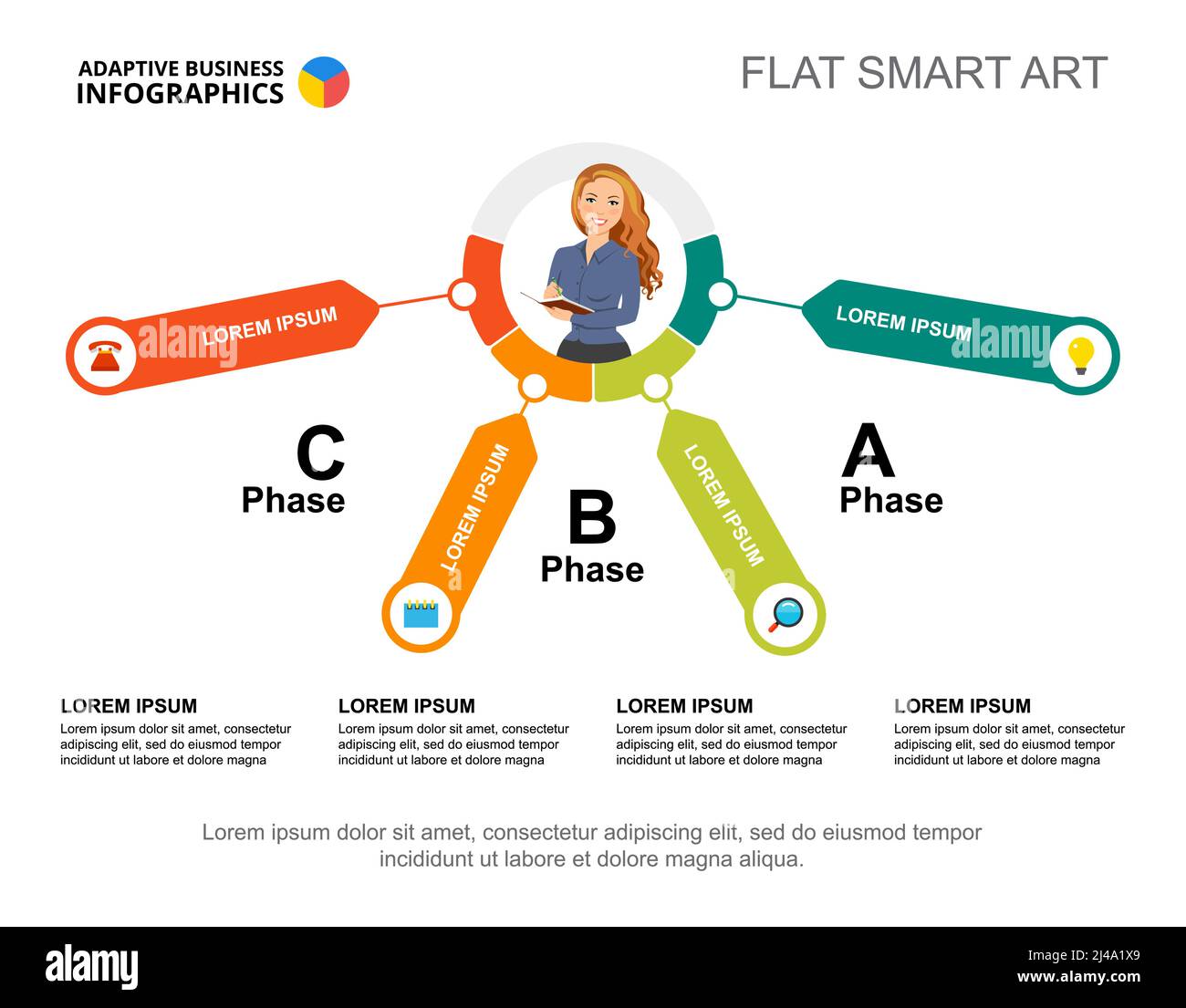 Three phases process chart template for presentation. Business data ...