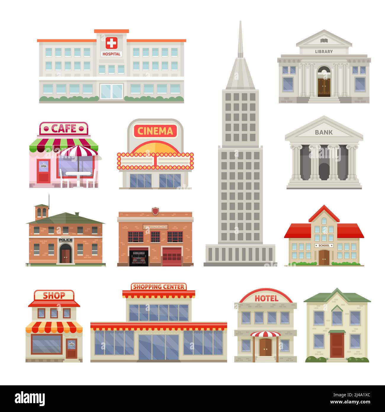 City buildings decorative icons set with administrative and residential ...