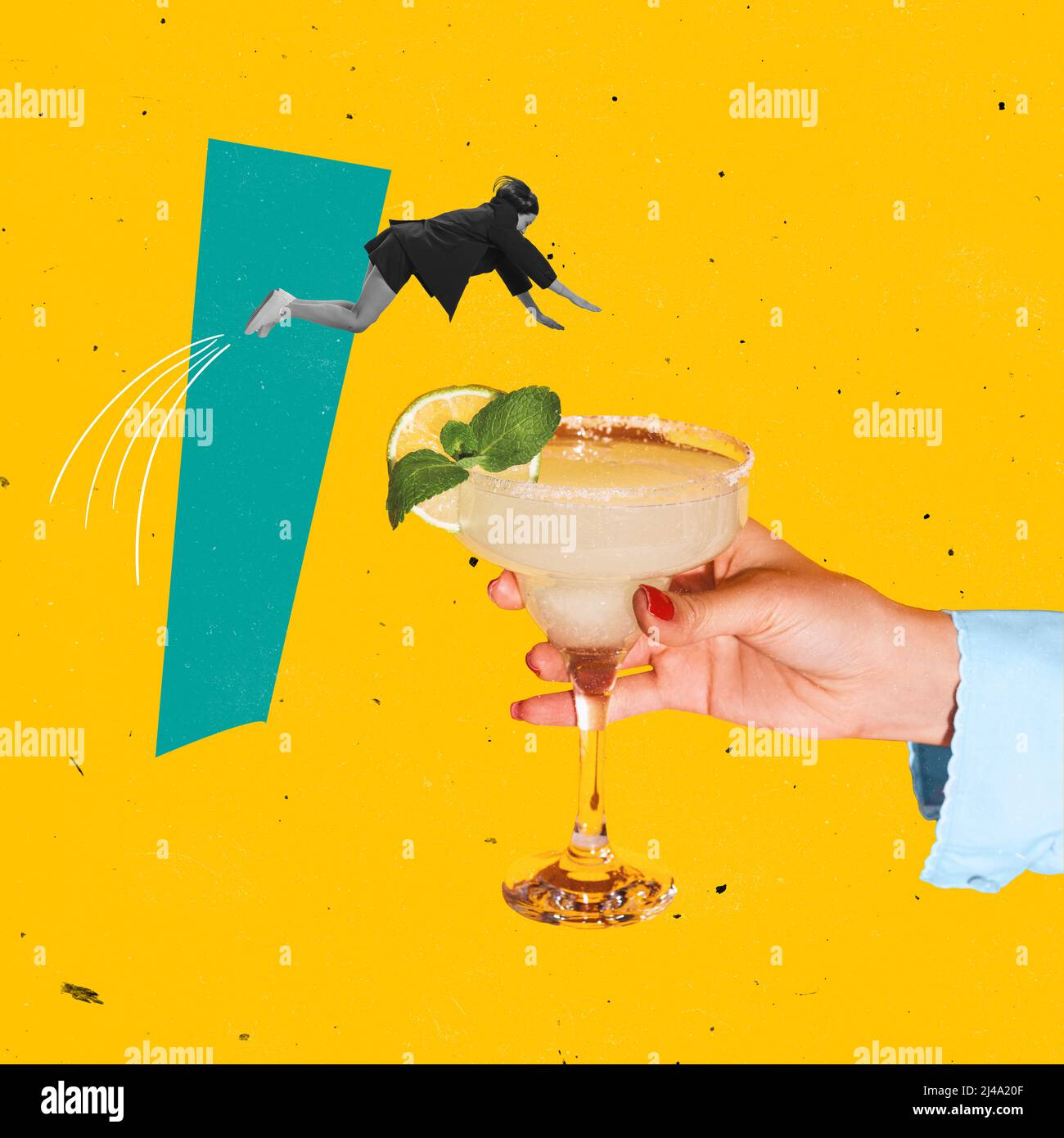 Contemporary art collage. Young woman diving into margarita cocktail ...