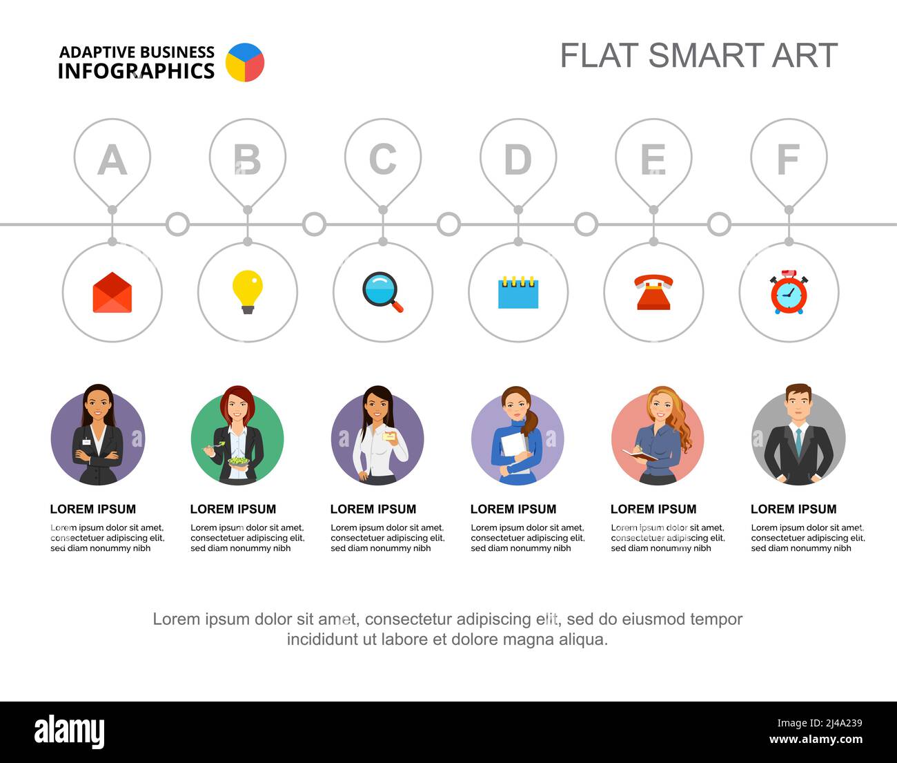 Six coworkers process chart template for presentation. Business data ...