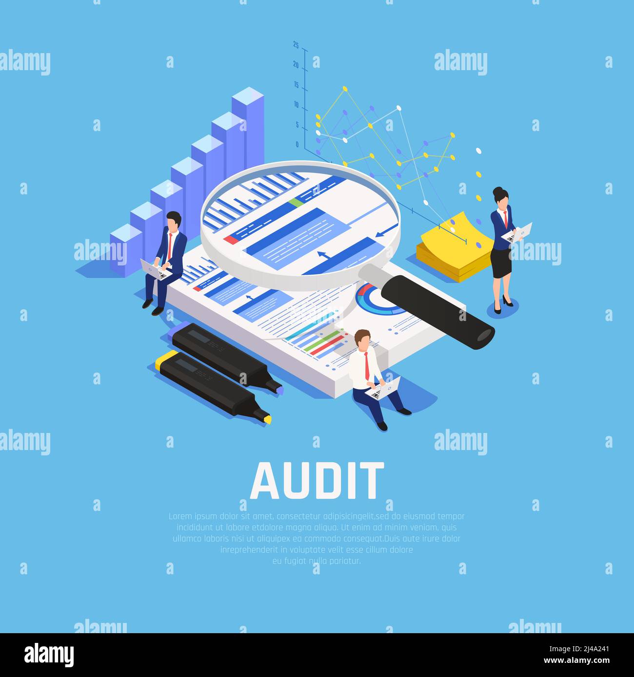 Accounting isometric composition with charts documentation and human ...