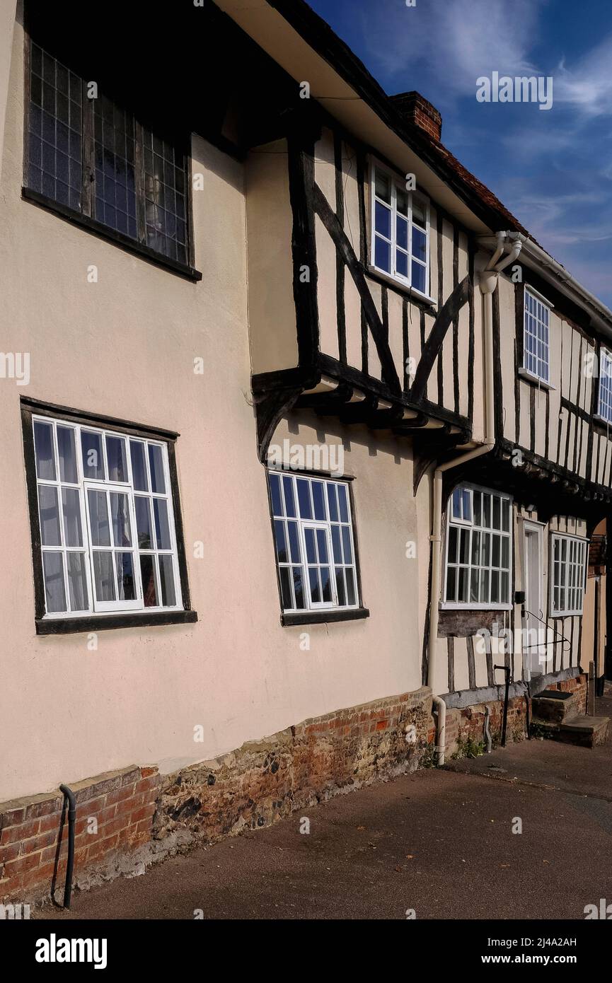Backward-sloping front wall of Tudor timber-framed house, built in the ...