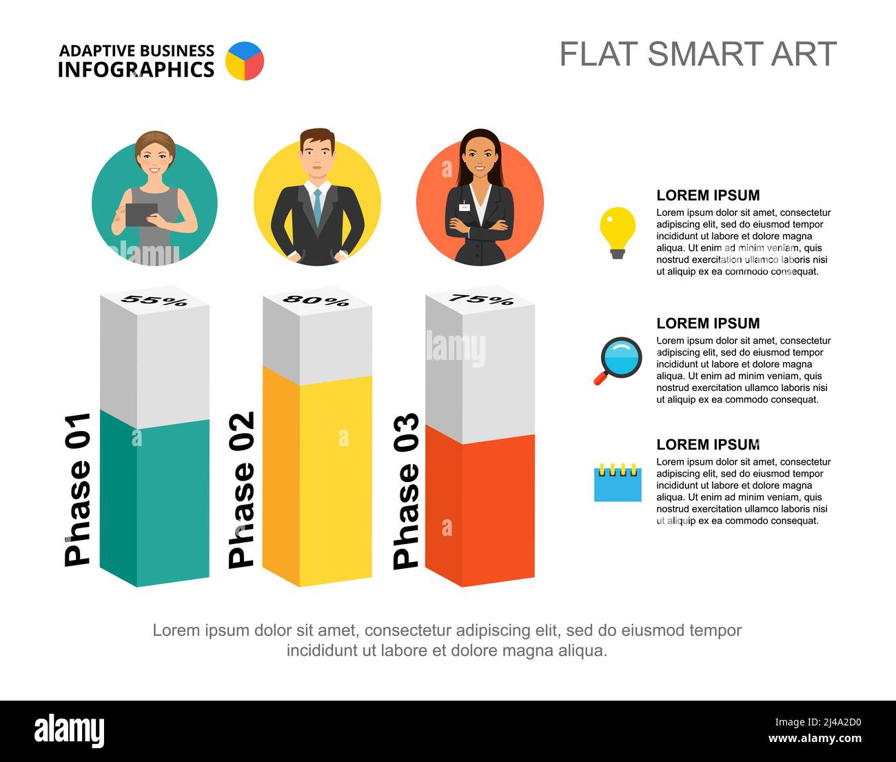 Three phases work percentage chart template for presentation. Business ...