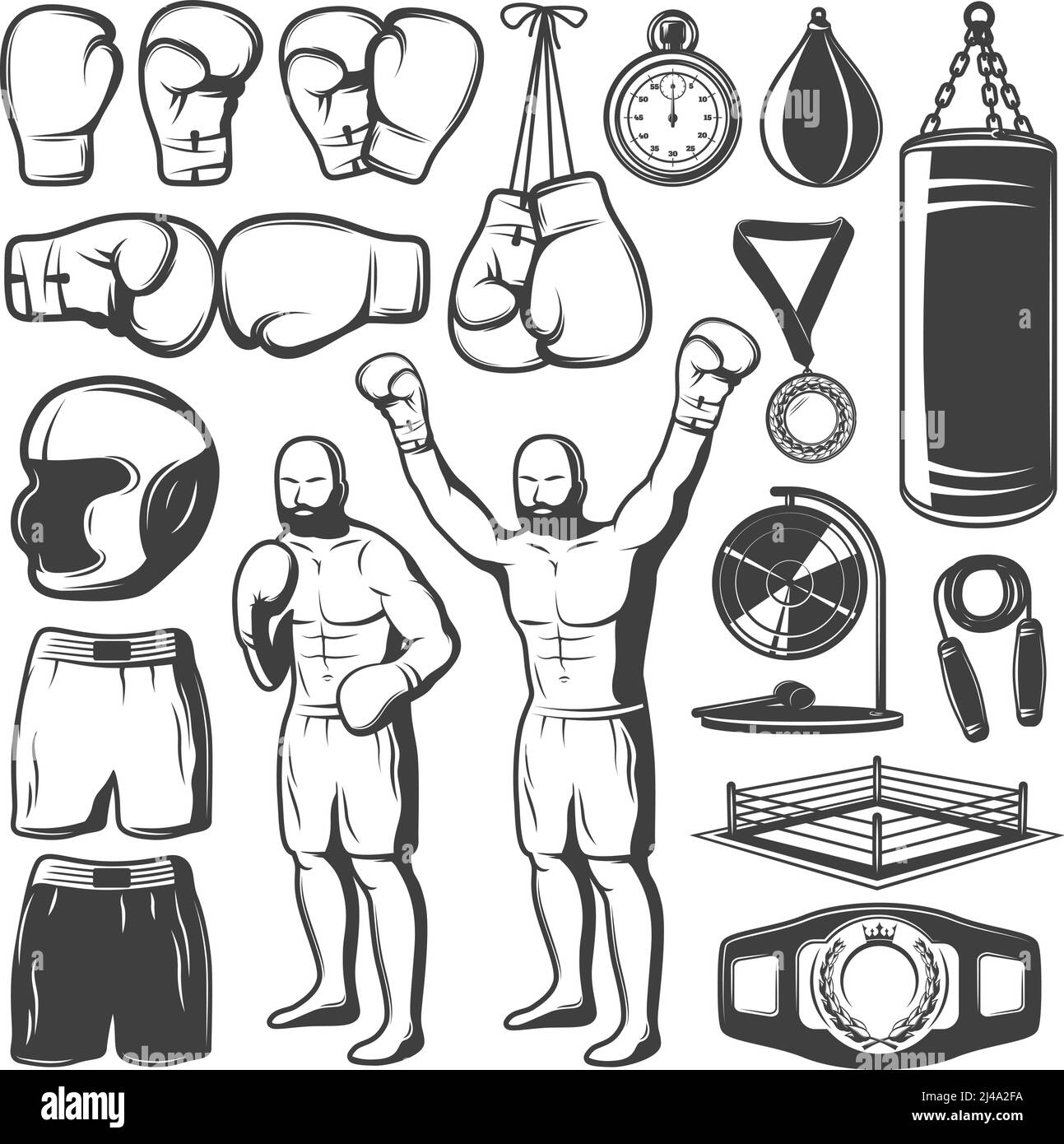 Boxing black white elements set with fighter sports clothing and ...
