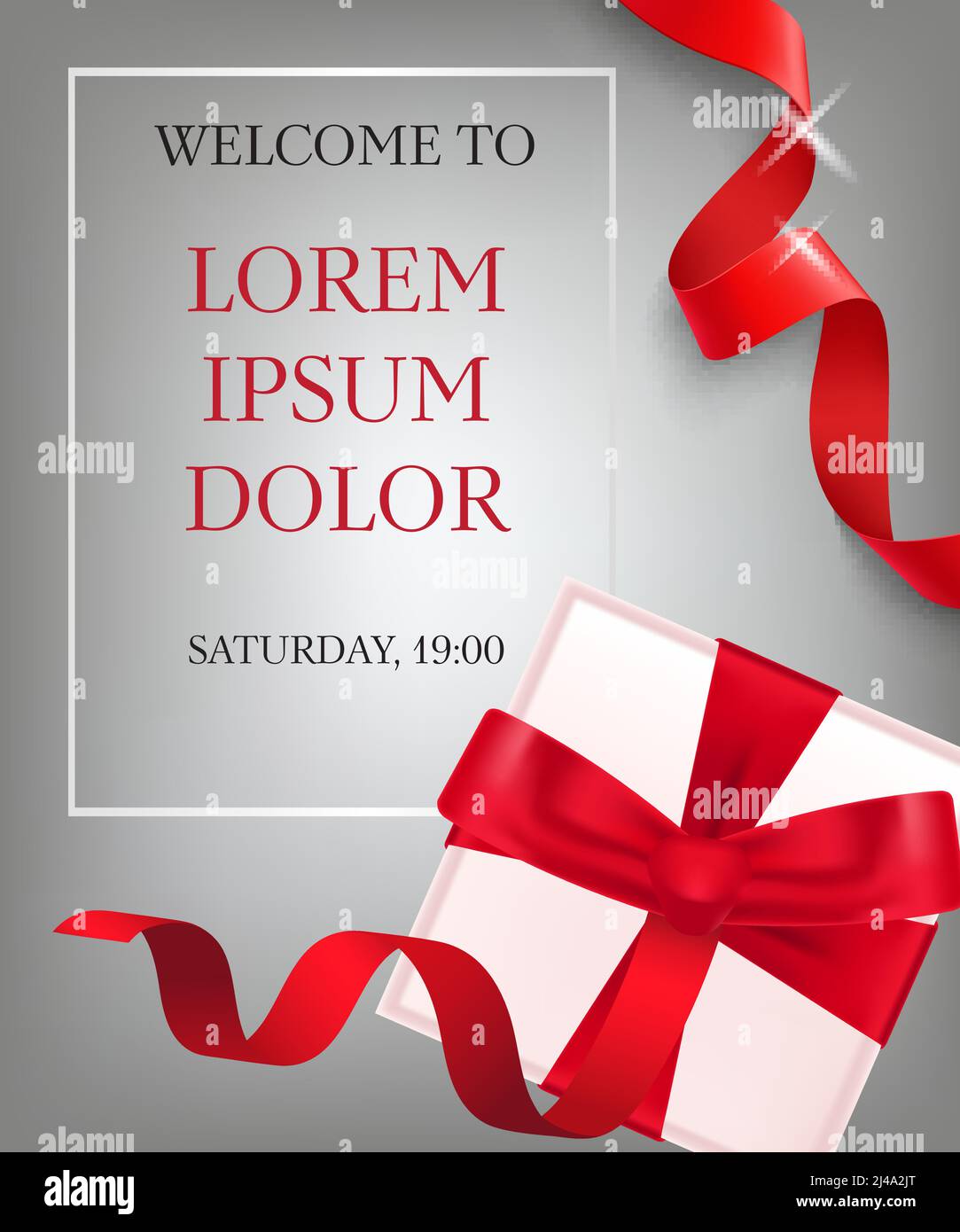 Welcome to lettering with gift box. Party invitation design. Typed text ...