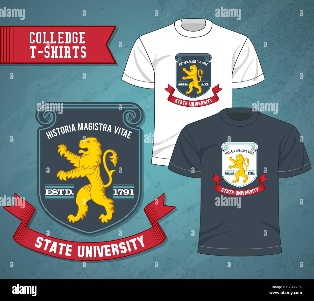 T-shirts decorative icons set with college university golden lion ...