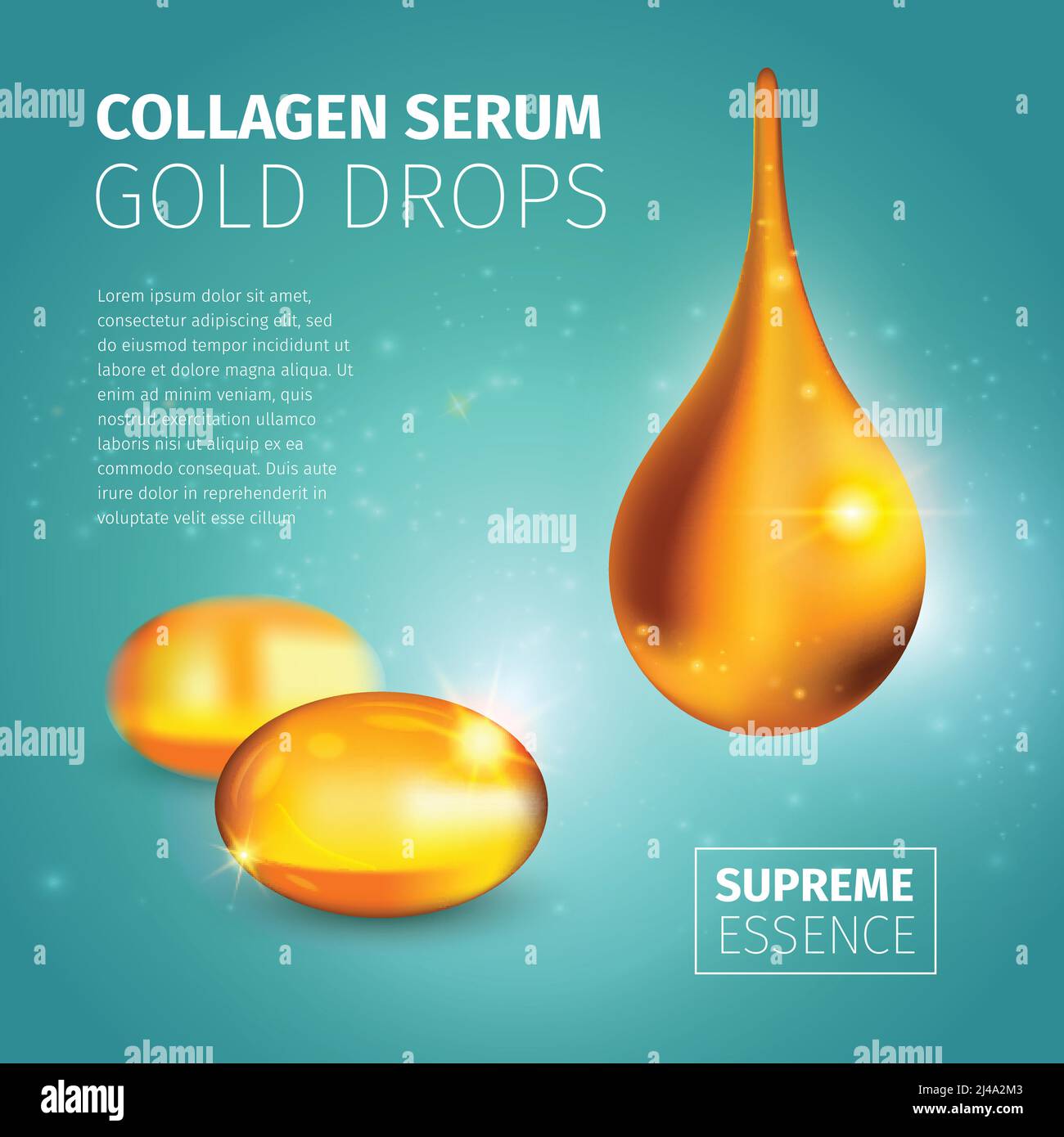 Collagen serum poster with golden oil capsules and illuminated glossy ...