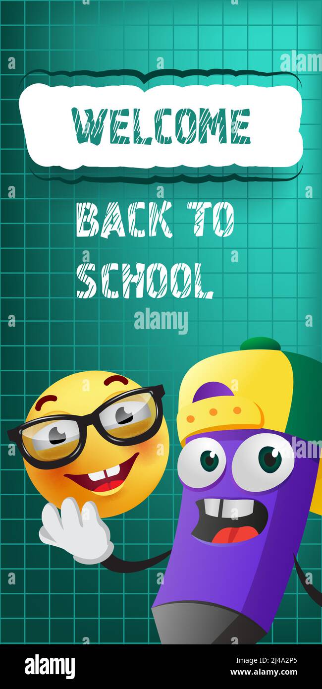 Welcome back to school lettering with cartoon pencil and emoji. Offer ...