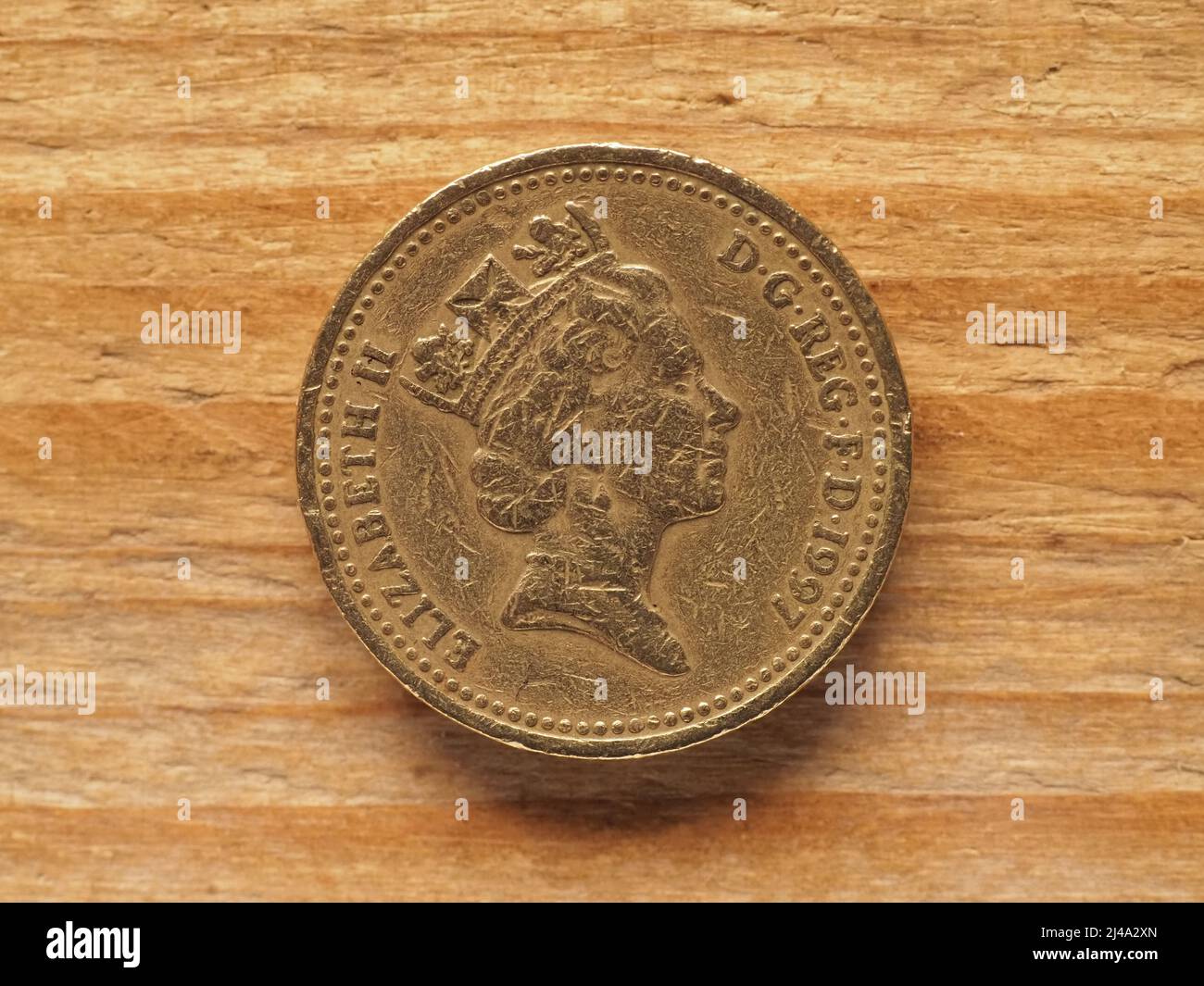 LONDON, UK - CIRCA 2022: one pound coin obverse side showing a portrait ...