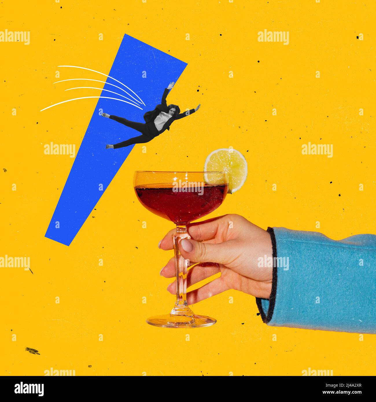 Contemporary art collage. Young woman falling down into manhattan ...