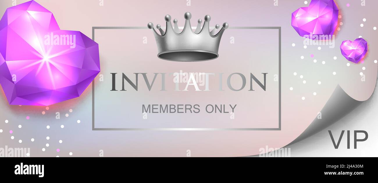 VIP invitation, members only lettering with diamond hearts and crown ...
